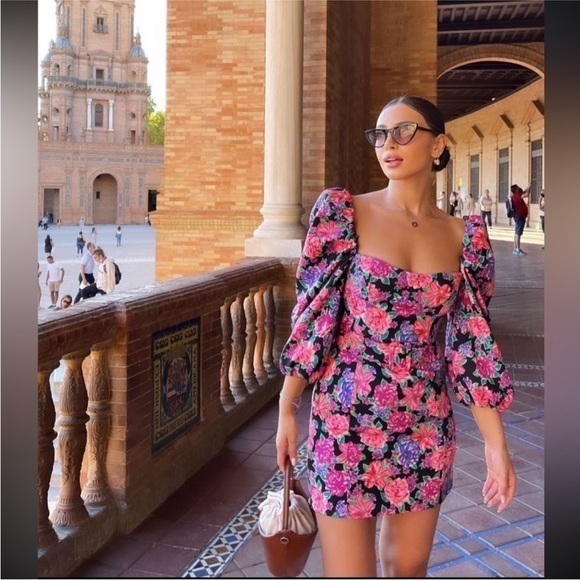 Zara | Dresses | Zara Floral Print Dress Square Neckline Long Puff ...